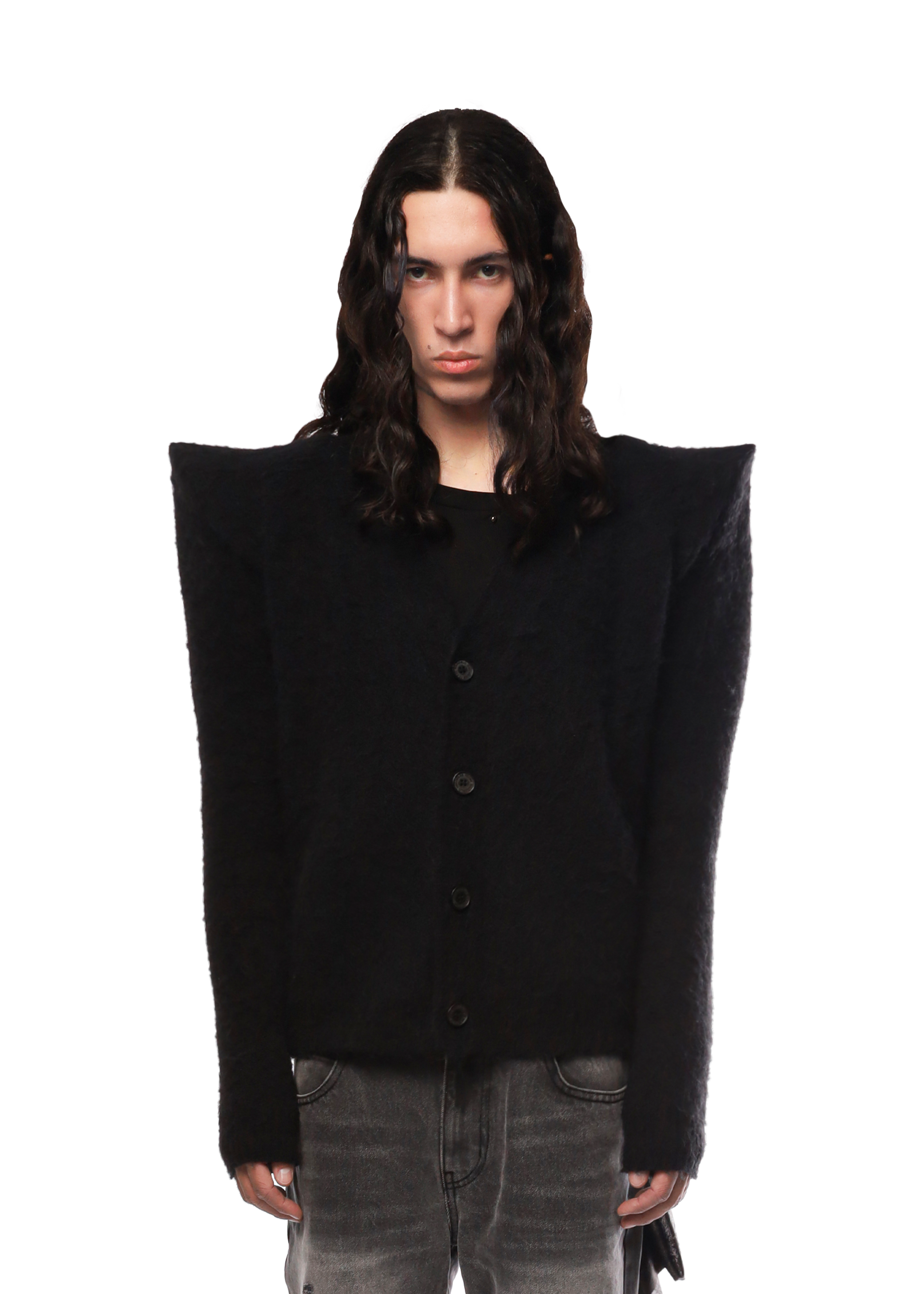 EGO SHOULDER PAD CARDIGAN in BLACK - MARCELO MIRACLES